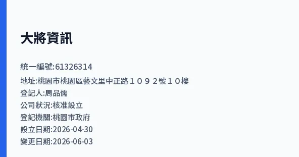 大將資訊的照片-統編 61326314(桃園市) 公司登記資料與營業項目詳細圖表