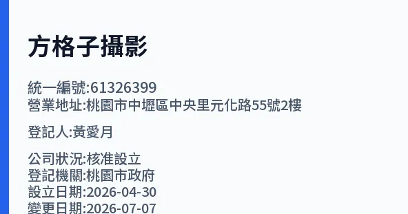 方格子攝影的照片-統編 61326399 公司登記資料與營業項目詳細圖表