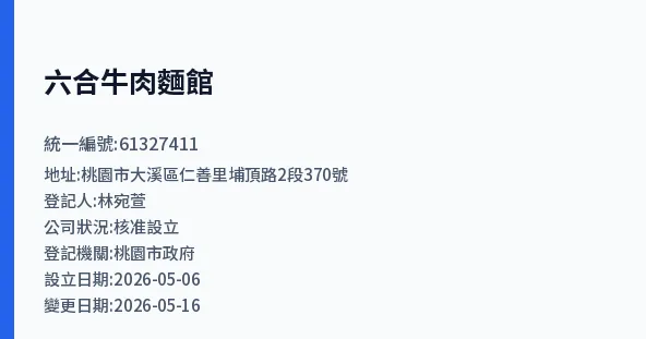 六合牛肉麵館的照片-統編 61327411(桃園市) 公司登記資料與營業項目詳細圖表