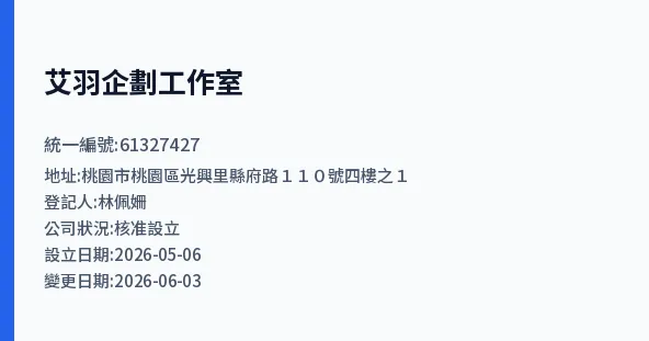 艾羽企劃工作室的照片-統編 61327427(桃園市) 公司登記資料與營業項目詳細圖表