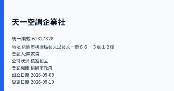 天一空調企業社的照片-統編 61327828(桃園市) 公司登記資料與營業項目詳細圖表