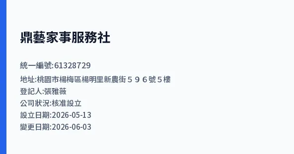 鼎藝家事服務社的照片-統編 61328729(桃園市) 公司登記資料與營業項目詳細圖表