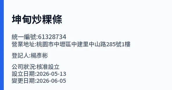 坤甸炒粿條的照片-統編 61328734(桃園市) 公司登記資料與營業項目詳細圖表