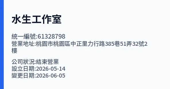 水生工作室的照片-統編 61328798(桃園市) 公司登記資料與營業項目詳細圖表