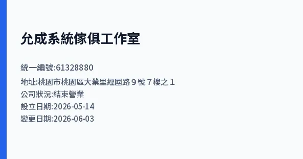 允成系統傢俱工作室的照片-統編 61328880(桃園市) 公司登記資料與營業項目詳細圖表