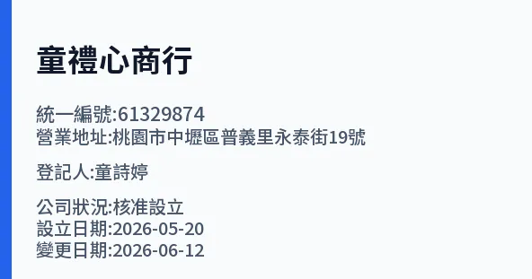 童禮心商行的照片-統編 61329874(桃園市) 公司登記資料與營業項目詳細圖表