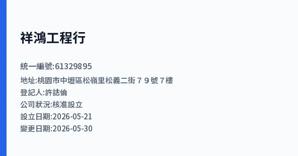 祥鴻工程行的照片-統編 61329895(桃園市) 公司登記資料與營業項目詳細圖表