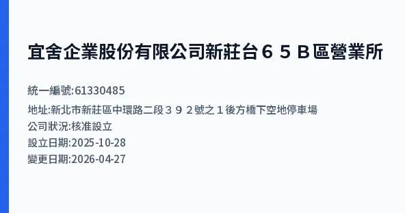 宜舍企業股份有限公司新莊台65B區營業所的照片-統編 61330485(新北市) 公司登記資料與營業項目詳細圖表