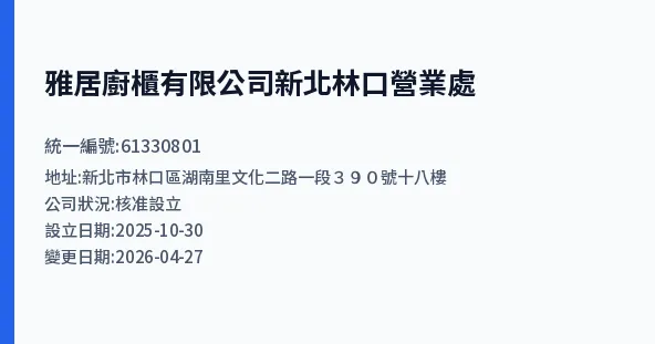 雅居廚櫃有限公司新北林口營業處的照片-統編 61330801(新北市) 公司登記資料與營業項目詳細圖表