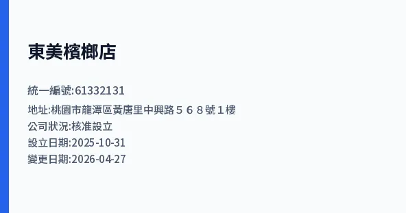 東美檳榔店的照片-統編 61332131(桃園市) 公司登記資料與營業項目詳細圖表