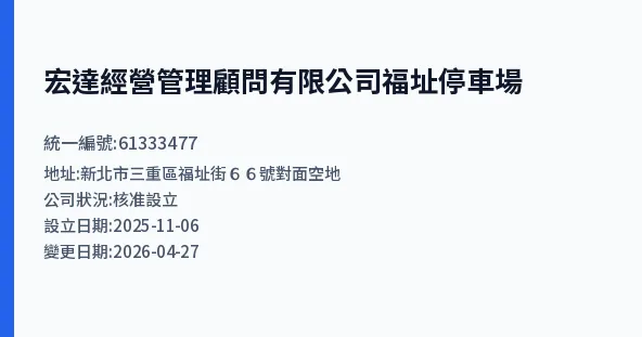 宏達經營管理顧問有限公司福址停車場的照片-統編 61333477(新北市) 公司登記資料與營業項目詳細圖表