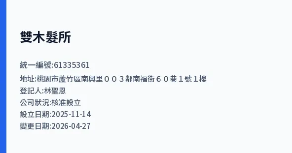 雙木髮所的照片-統編 61335361(桃園市) 公司登記資料與營業項目詳細圖表