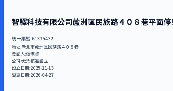 智驛科技有限公司蘆洲區民族路408巷平面停車場的照片-統編 61335432(新北市) 公司登記資料與營業項目詳細圖表