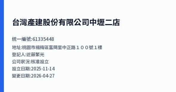 台灣產建股份有限公司中壢二店的照片-統編 61335448(桃園市) 公司登記資料與營業項目詳細圖表