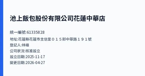 池上飯包股份有限公司花蓮中華店的照片-統編 61335828(花蓮縣) 公司登記資料與營業項目詳細圖表