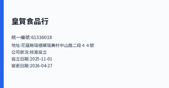 皇賀食品行的照片-統編 61336018(花蓮縣) 公司登記資料與營業項目詳細圖表