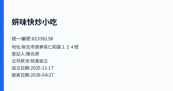 妍味快炒小吃的照片-統編 61336158(新北市) 公司登記資料與營業項目詳細圖表
