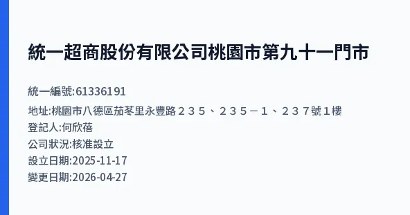 統一超商股份有限公司桃園市第九十一門市的照片-統編 61336191(桃園市) 公司登記資料與營業項目詳細圖表