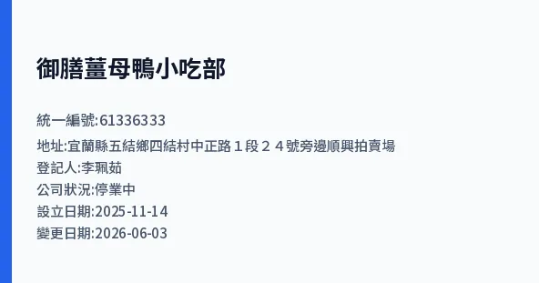 御膳薑母鴨小吃部的照片-統編 61336333(宜蘭縣) 公司登記資料與營業項目詳細圖表