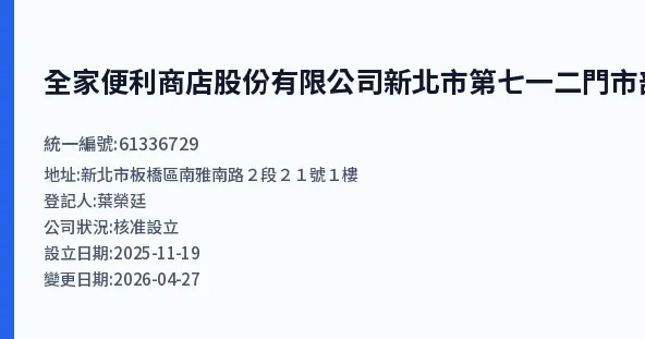 全家便利商店股份有限公司新北市第七一二門市部的照片-統編 61336729(新北市) 公司登記資料與營業項目詳細圖表