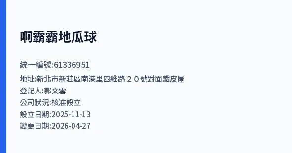 啊霸霸地瓜球的照片-統編 61336951(新北市) 公司登記資料與營業項目詳細圖表