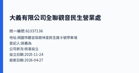 大義有限公司全聯觀音民生營業處的照片-統編 61337136(桃園市) 公司登記資料與營業項目詳細圖表