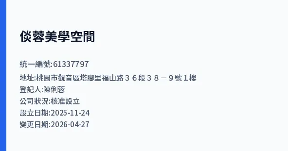 倓蓉美學空間的照片-統編 61337797(桃園市) 公司登記資料與營業項目詳細圖表