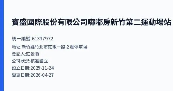 寶盛國際股份有限公司嘟嘟房新竹第二運動場站的照片-統編 61337972(新竹縣) 公司登記資料與營業項目詳細圖表