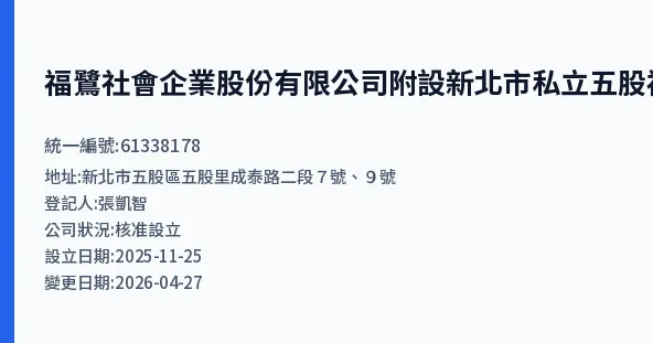 福鷺社會企業股份有限公司附設新北市私立五股福鷺社區長照機構的照片-統編 61338178(新北市) 公司登記資料與營業項目詳細圖表