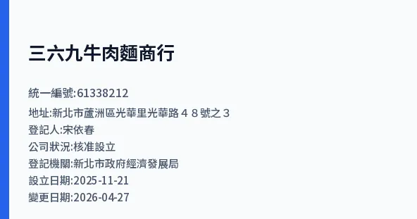 三六九牛肉麵商行的照片-統編 61338212(新北市) 公司登記資料與營業項目詳細圖表