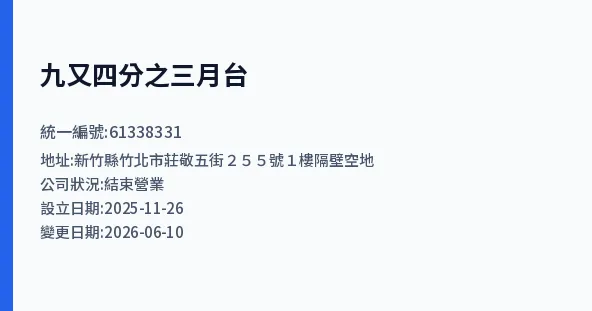 九又四分之三月台的照片-統編 61338331 公司登記資料與營業項目詳細圖表