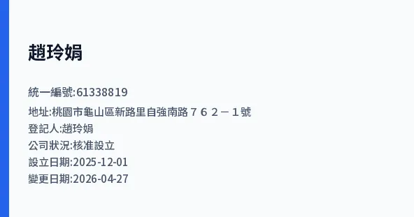 趙玲娟的照片-統編 61338819(桃園市) 公司登記資料與營業項目詳細圖表