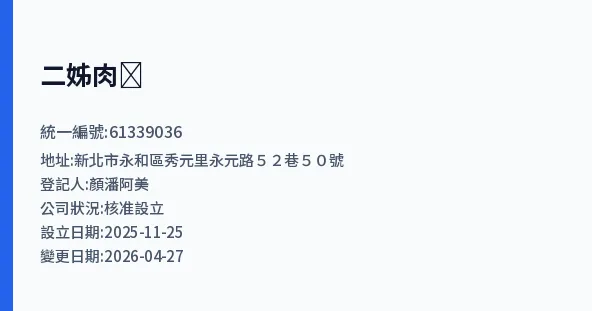 二姊肉焿的照片-統編 61339036(新北市) 公司登記資料與營業項目詳細圖表