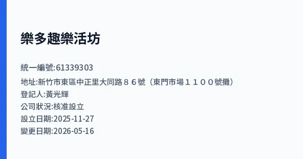 樂多趣樂活坊的照片-統編 61339303(新竹市) 公司登記資料與營業項目詳細圖表