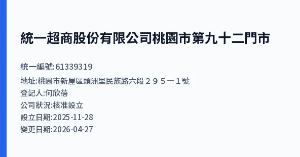 統一超商股份有限公司桃園市第九十二門市的照片-統編 61339319(桃園市) 公司登記資料與營業項目詳細圖表