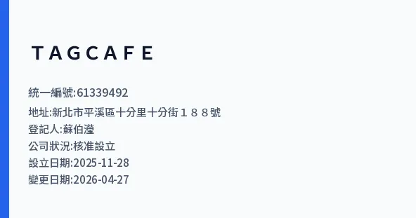 TAG CAFE的照片-統編 61339492(新北市) 公司登記資料與營業項目詳細圖表