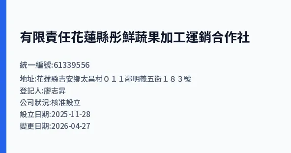 有限責任花蓮縣彤鮮蔬果加工運銷合作社的照片-統編 61339556(花蓮縣) 公司登記資料與營業項目詳細圖表