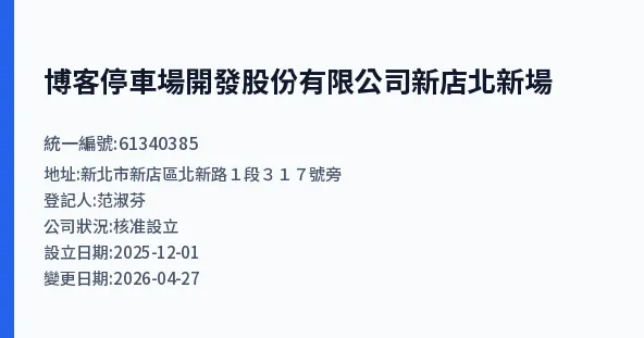 博客停車場開發股份有限公司新店北新場的照片-統編 61340385(新北市) 公司登記資料與營業項目詳細圖表