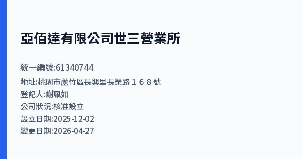 亞佰達有限公司世三營業所的照片-統編 61340744(桃園市) 公司登記資料與營業項目詳細圖表