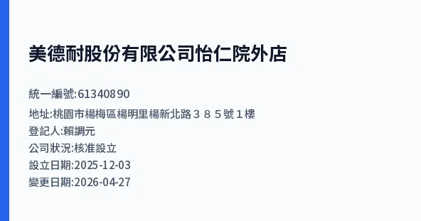 美德耐股份有限公司怡仁院外店的照片-統編 61340890(桃園市) 公司登記資料與營業項目詳細圖表