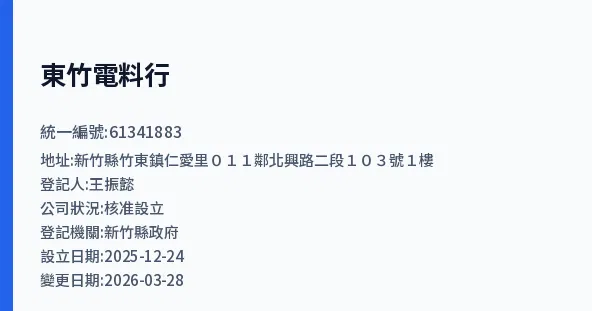 東竹電料行的照片-統編 61341883(新竹縣) 公司登記資料與營業項目詳細圖表