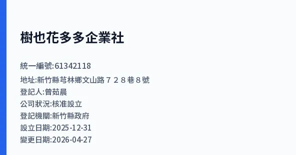 樹也花多多企業社的照片-統編 61342118(新竹縣) 公司登記資料與營業項目詳細圖表