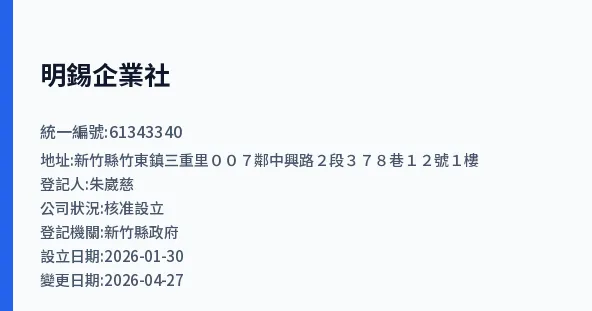 明錫企業社的照片-統編 61343340(新竹縣) 公司登記資料與營業項目詳細圖表