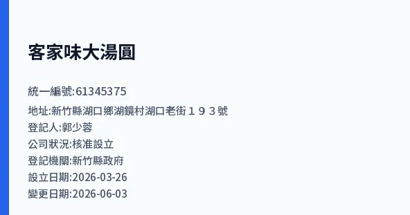 客家味大湯圓的照片-統編 61345375(新竹縣) 公司登記資料與營業項目詳細圖表