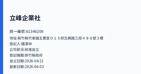 立峰企業社的照片-統編 61346206(新竹縣) 公司登記資料與營業項目詳細圖表