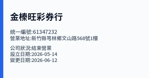 金榛旺彩券行的照片-統編 61347232(新竹縣) 公司登記資料與營業項目詳細圖表