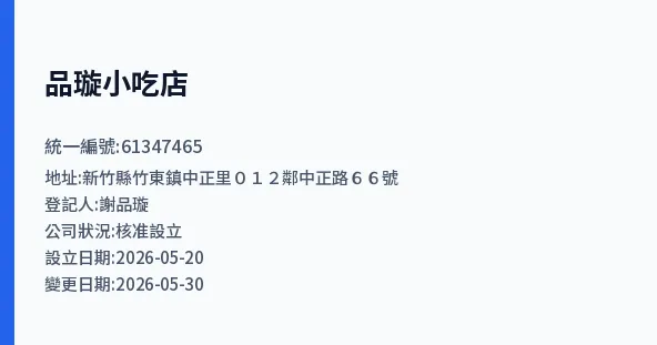 品璇小吃店的照片-統編 61347465(新竹縣) 公司登記資料與營業項目詳細圖表