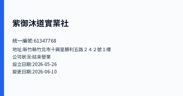 紫御沐道實業社的照片-統編 61347768(新竹縣) 公司登記資料與營業項目詳細圖表