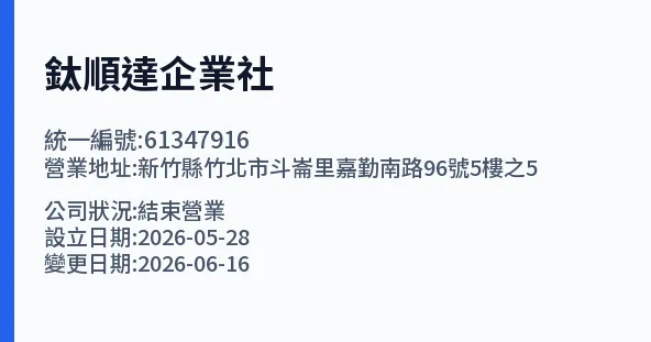 鈦順達企業社的照片-統編 61347916(新竹縣) 公司登記資料與營業項目詳細圖表