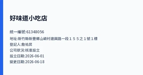 好味道小吃店的照片-統編 61348056(新竹縣) 公司登記資料與營業項目詳細圖表